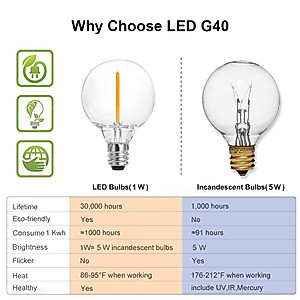 SUNTHIN 25 Pack G40 LED Bulbs, 1W LED Bulbs with E12 Base, 5 Watt Incandescent Bulbs Equivalent, Warm White 2700K, Replacement Bulbs for Globe String Lights, Indoor & Outdoor Use