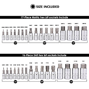 MIXPOWER 33 Piece 1/4"Drive, 3/8"Drive, 1/2"Drive Master Hex Bit Socket Set, S2 Steel, SAE And Metric, Allen Socket Bit, 5/64-inch to 3/4-inch, 2mm to 19mm Socket Tool Kit