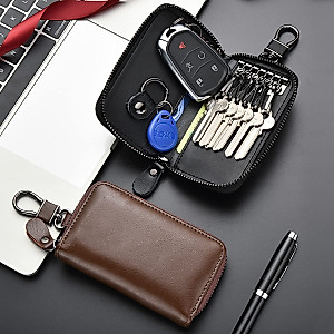 WESTONETEK Unisex Mens Womens Premium Leather Car Key Holder Bag Keychain Case Wallet with 6 Hooks Zipper Closure, Black