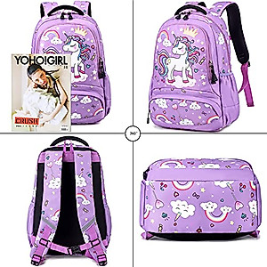 Dafelile Backpack Unicorn for Girls School Preschool Backpack for Girls School Bookpack Set with Lunch Bag Pencil Bag(Purple)