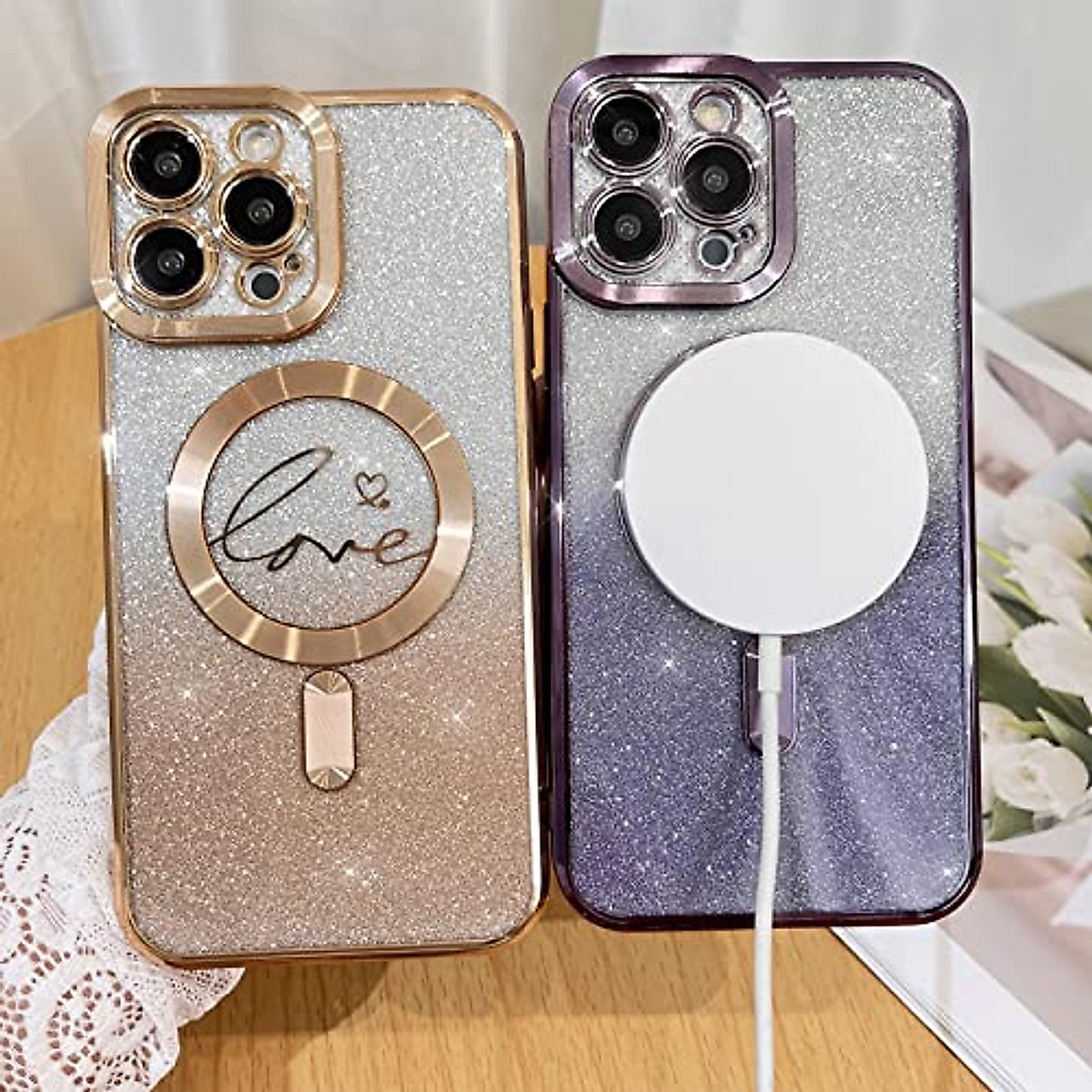 Fiyart Compatible with iPhone 14 Pro Max Case,Compatible with MagSafe Love Heart Plating Camera Protection Clear Phone Case, Magnetic Glitter for Women Girls Shockproof Back Bumper 6.7"-Purple