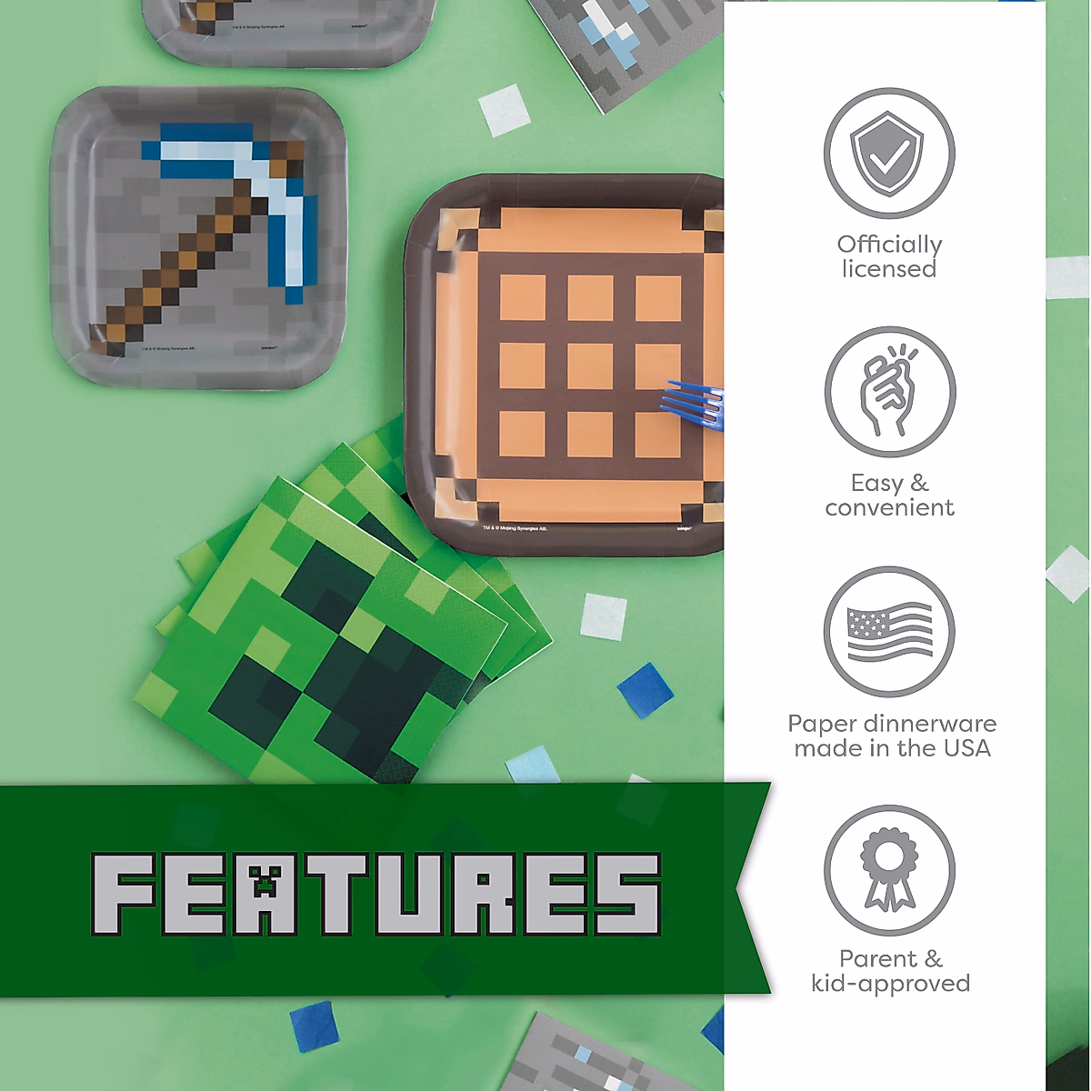 Minecraft Party Supplies, Minecraft Birthday Party Supplies for Boys or Girls - Serves 16 Guests - With Table Cover, Plates and More