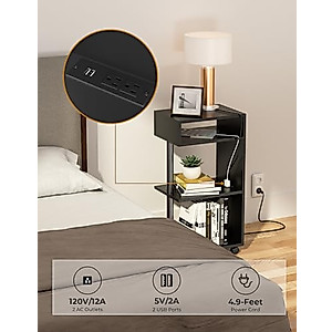 yamagahome End Table with Charging Station, 4-Tier Nightstand with Charger Station, Narrow Side Tables Living Room, Bedroom for Small Spaces, Small Bedside Table with USB Ports and Outlets, Black