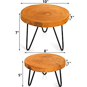 DEAYOU 2 Pack Small Wood Display Stand, 10"/ 8" Round Wooden Cupcake Pedestal, Paulownia Wood Slice Stand with Metal Leg for Plants, Rustic Wedding Cake Holder Slab Tray for Decor, Flower Pots, Table