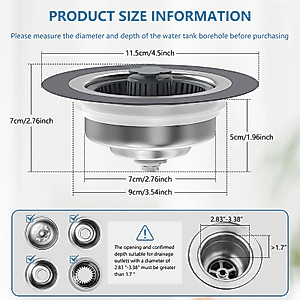 Kitchen Sink Drain Strainer, 3-in-1 304 Stainless Steel Sink Drain Stopper with Strainer Basket, Pop Up Anti-Clogging Odor Filter for 3-1/2 Inch Standard Kitchen Drain, 2 Pack