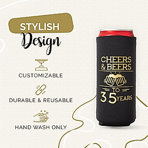 Cheers & Beers to 35 Years Slim Can Coolers 35th Birthday Party Coolies, Set of 12, Black and Gold Can Coolers, Perfect for Birthday Parties, Birthday Decorations…