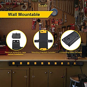 Suraielec 2-Pack 10 Outlet Long Power Strip Surge Protector, Industrial Heavy Duty Metal Shop Power Strip Flat Plug, 1000 Joules, 15 A Breaker, 6FT Cord, Wall Mountable, for Work Bench, Shop, Garage