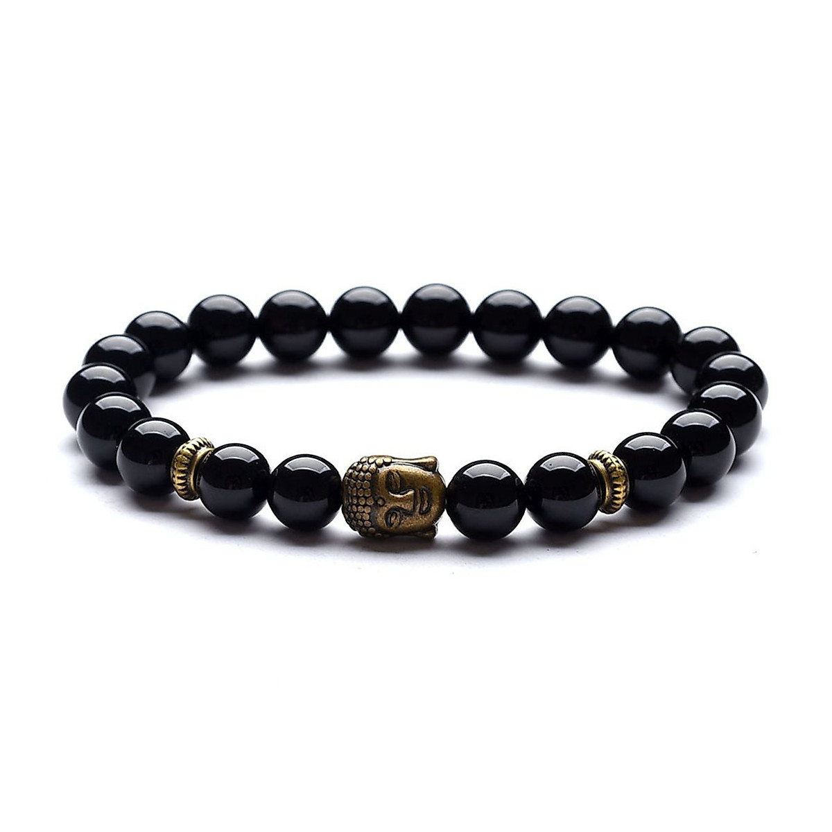 Domika Black Agate Beaded Bracelet Buddha Head & OM Buddhist Prayer Therapy Religious Stretch Bracelet Set