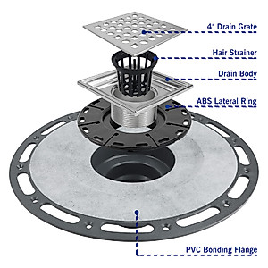 Bernkot Square Shower Drain, 4" Brushed 304 Stainless Steel Drain Grate Removable Drain Key with PVC Bonding Flange Base for Low Profile Shower Floor Tiles, CUPC Certified