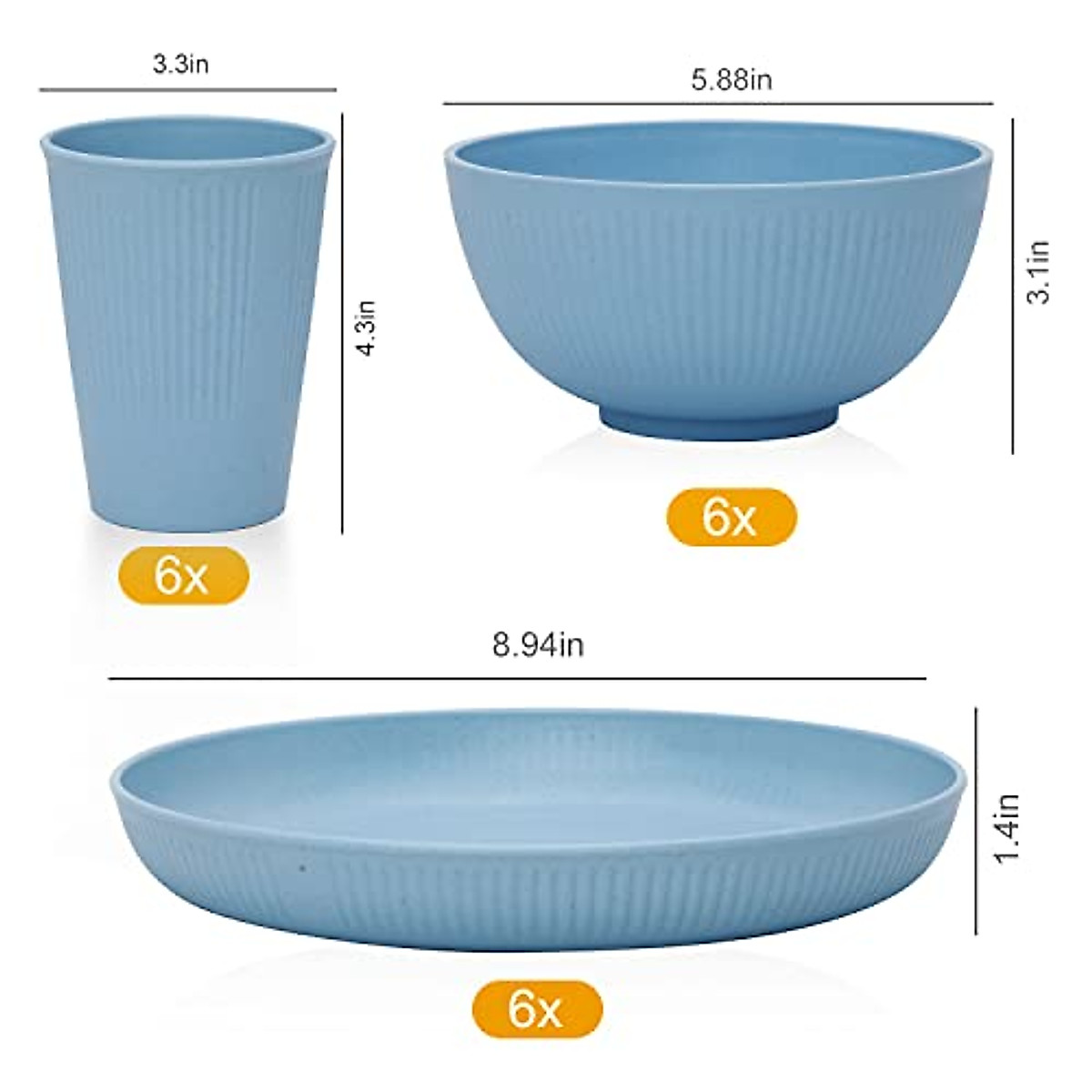Wheat Straw Dinnerware Set, 18 Pcs Unbreakable Reusable Plates, Cups and Bowls Set for 6, Lightweight Dinner Plates and Bowls, Top-rack Dishwasher Safe