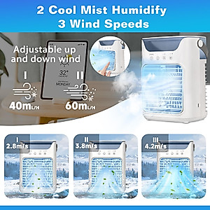 Portable Air Conditioners, 4-in-1 Evaporative Mini Air Cooler with 700ml Water Tank, 3 Wind Speeds, 2 Cool Mist, 7 LED Light, 2/4/6H Timer, Upgraded Leak-proof Cooling Fan for Room Bedroom Office Desk