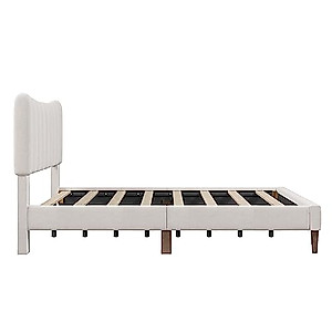 OTRIEK Queen Size Platform Bed, Modern Upholstered Platform Bed, Solid Wood Bed Frame with Vertical Channel Tufted Headboard, No Box Spring Needed for Boys Girls Bedroom (Cream)