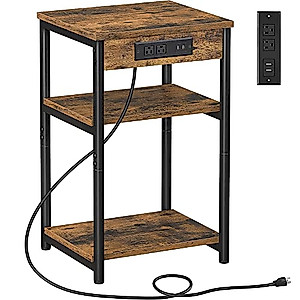 TUTOTAK End Table with Charging Station, Side Table with USB Ports and Outlets, Nightstand, 3-Tier Storage Shelf, Sofa Table for Small Space, Living Room TB01BB026