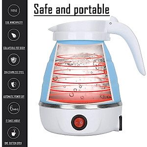 Foldable Electric Travel Kettle - Portable and Convenient Silicone Collapsible Water Boiler and Tea Pot for Camping - Easy Storage with Detachable Power Cord （Blue）