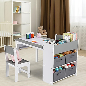 Arlopu Kids Art Table and 2 Chairs, Toddler Craft Drawing Desk with Large Storage Shelves, 4 Storage Bins and Paper Roll, Kids Activity and Study Table Furniture, for Daycare, Game Room (Grey)