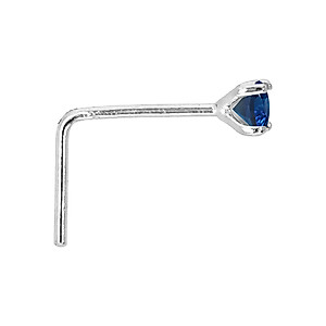 22G Solid 14Kt Gold L-Shape Nose Stud with real Blue Sapphire Gemstone, 14kt Yellow Gold or 14kt White Gold Prong Setting - September Birthstone Nose Ring-LSWG_SP-2.5MM