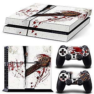 ZOOMHITSKINS PS4 Console and Controller Skins, Fear Chainsaw Blood Horror Zombie Red White Terror Panic, Durable, Bubble-Free Goo-Free, 1 Console Skin 2 Controller Skins, Made in USA