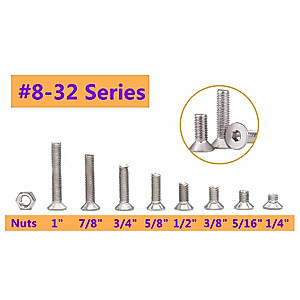 Guard4U 160Pcs #8-32 UNC 304-Stainless Steel Flat Head Countersunk Hex Socket Cap Bolts Screws Nuts Assortment Kit- #8-32x 1/4" 5/16" 3/8" 1/2" 5/8" 3/4" 7/8" 1"