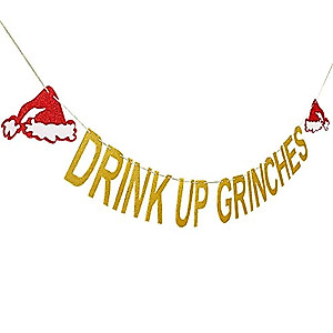 LeeSky Drink Up Grinches Banner Gold Glitter Grinch Christmas Decorations, The Grinch Party Decor, Merry Christmas Banner, Ugly Christmas Sweater Party Decor