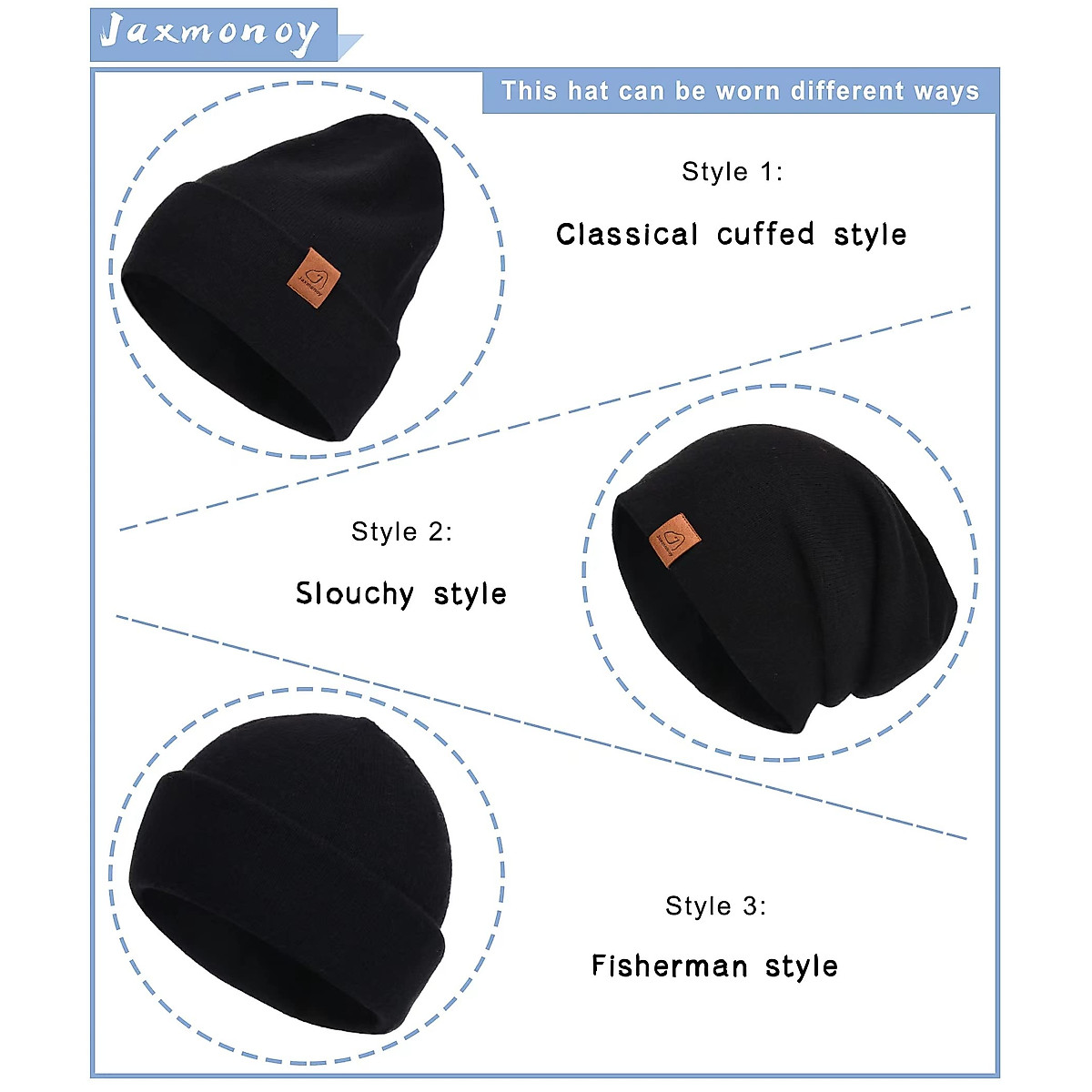 jaxmonoy Wool Cashmere Slouchy Knit Beanies Winter Hats for Women Men Soft Warm Double Layer Reversible Lightweight Slouch Cuffed Skull Beanie Cap - Black