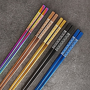 TIICOO Metal Chopsticks Reusable 18/8 Stainless Steel Chopsticks Laser Engraved Premium Titanium Multicolor Chop Sticks Dishwasher Safe Lightweight Japanese Style 5 Pairs Chopsticks Gift Set(Style 2)