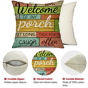 DFXSZ Summer Retro Outdoor Throw Pillow Covers 18x18 Inch Set of 4 Welcome to Our Porch Sign and Breathe Letter Decor Pillow Covers for Swing Garden Hammock Chair Sofa