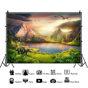 Baocicco 5x3ft Dinosaurs Theme Backdrop Boy Birthday Party Backdrop Jurassic Mesozoic Cretaceous Epoch Forest Mountains Lake Prehistoric Trees Grassland Archaeology Children Photography Background
