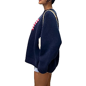 Y2k Vintage Sweater Long Sleeve Crew Neck Loose Knit Pullover American Flag Sweatshirt Preppy Striped Sweater