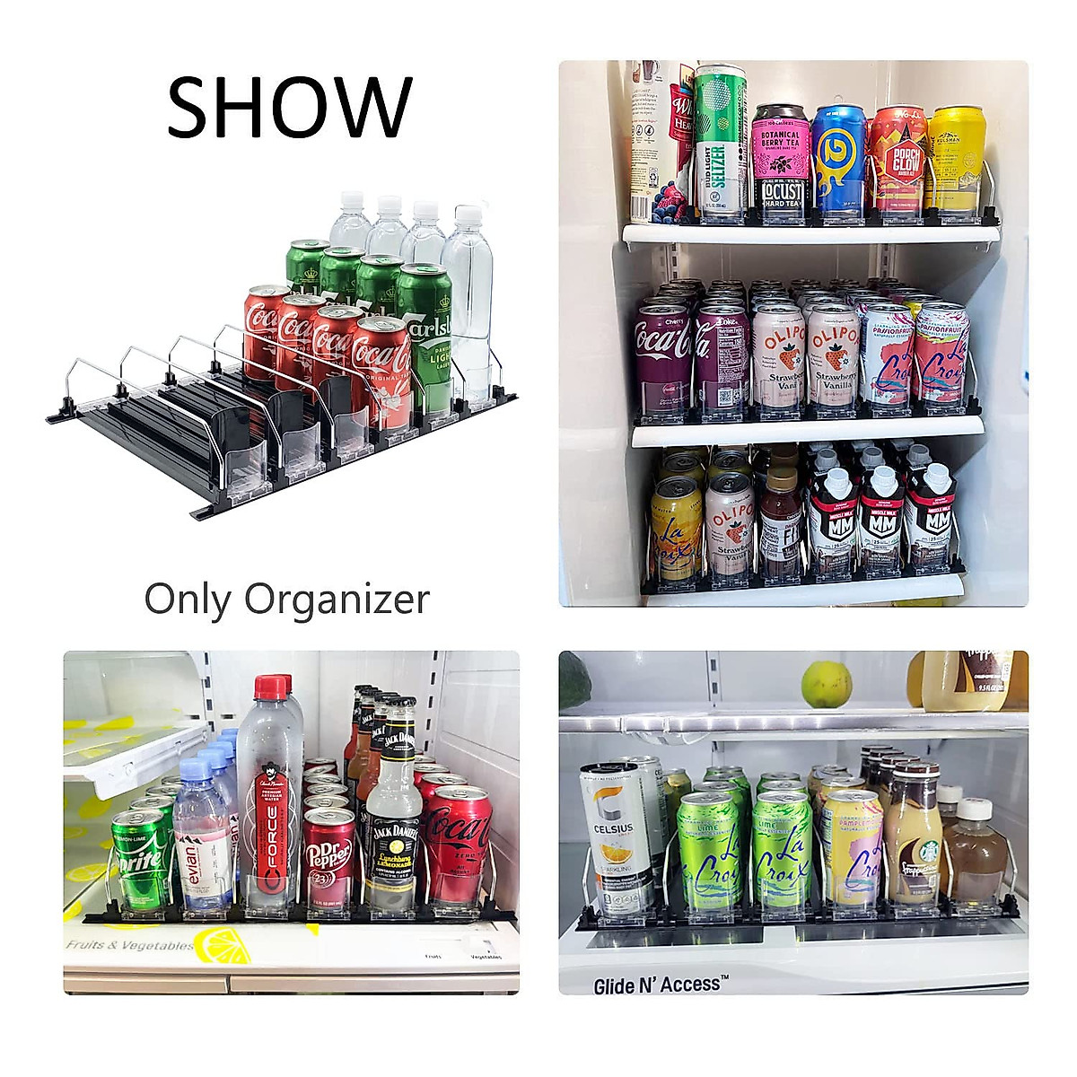 NagTour Drink Organizer for Fridge - Soda Dispenser Display with Smooth and Fast Pusher Glide Width Adjustable (6, 31CM)