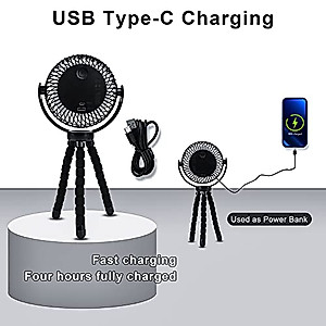 Stroller Fan, Use As Power Bank, 66H 10000mAh Battery Operated Fan, Personal Portable Fan, Baby Stroller Fan, with Flexible Tripod Clip on Student Bed Desk Bike Crib Treadmill Camping (Black)