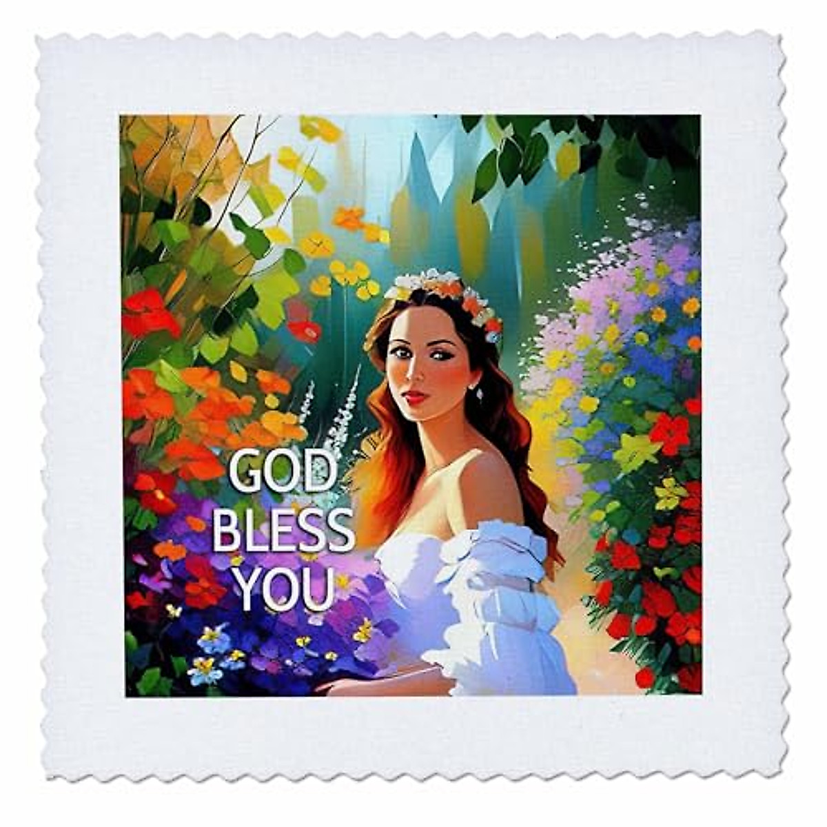 3dRose God Bless You. Attractive Young Lady in White Dress in The... - Quilt Squares (qs-379050-2)