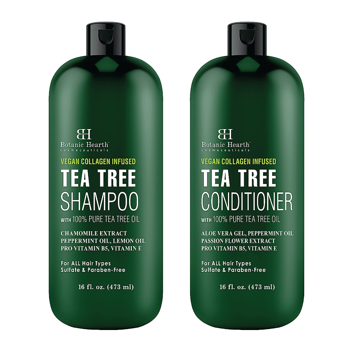 Botanic Hearth Vegan Collagen Infused Tea Tree Shampoo and Conditioner Set, 16 fl oz each - Sulfate Free, Paraben Free - For Itchy and Dry Scalp - Men and Women