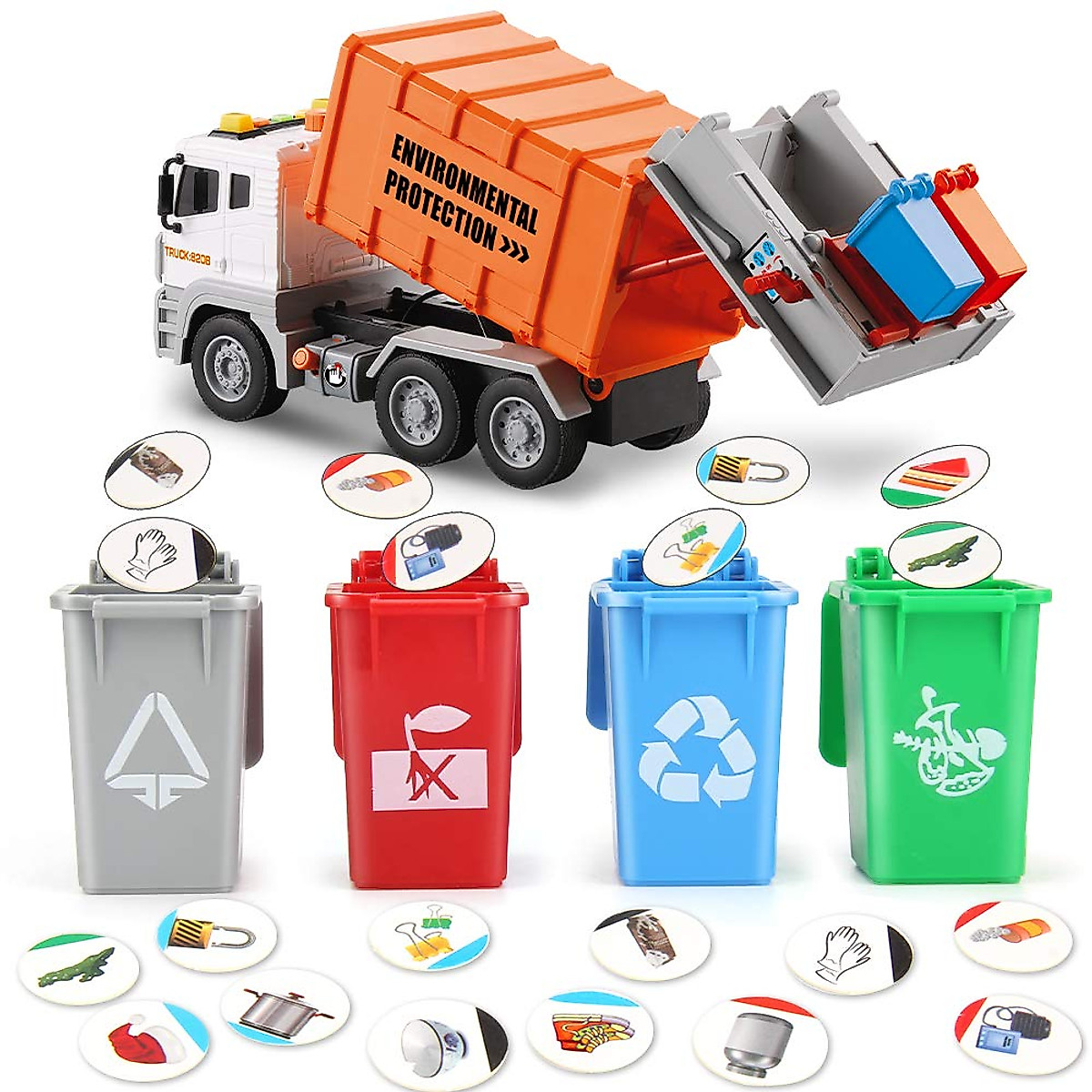 12" Garbage Truck Toys Trash Truck Dump Truck with 4 Garbage Cans, Friction Powered Truck with Sound and Light,Push and Go Pull Back Car for Boys