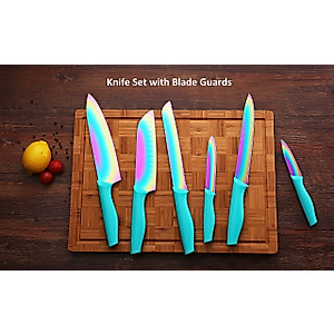 KYA37 Rainbow Titanium 12-Piece Stainless Steel Kitchen Knives Set with Sheath + KYA52 6PCS Nonstick Colorful Stainless Steel Rainbow Utensil Sets