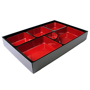 JapanBargain 1591, Red and Black Japanese Traditional Plastic Lacquered Lunch Bento Box 6 Compartments for Restaurant or Home Tray and Plate 2pc Set Made in Japan, 11.75"x9.5"
