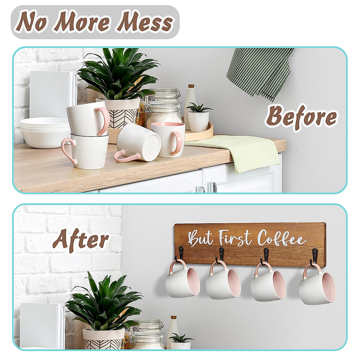 Bivvclaz Coffee Mug Holder Wall Mount, Wooden Coffee Cup Holder, But First Coffee Rustic Wood Wall Sign Decoration, Mug Hanger Organizer Shelf Rack, Farmhouse Kitchen Decor and Coffee Bar Accessories