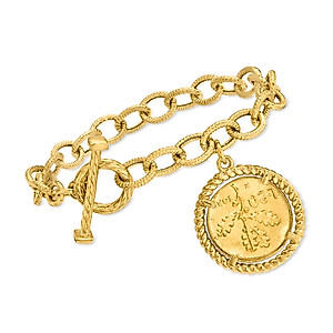 Ross-Simons Italian 18kt Gold Over Sterling Replica Lira Coin and Oval-Link Toggle Bracelet. 7 inches
