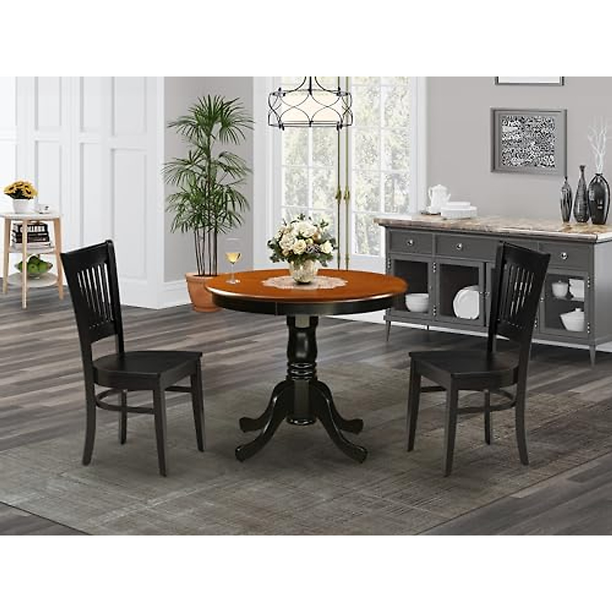 East West Furniture ANVA3-BLK-W 3 Piece Kitchen Table Set for Small Spaces Contains a Round Dining Room Table with Pedestal and 2 Dining Chairs, 36x36 Inch, Black