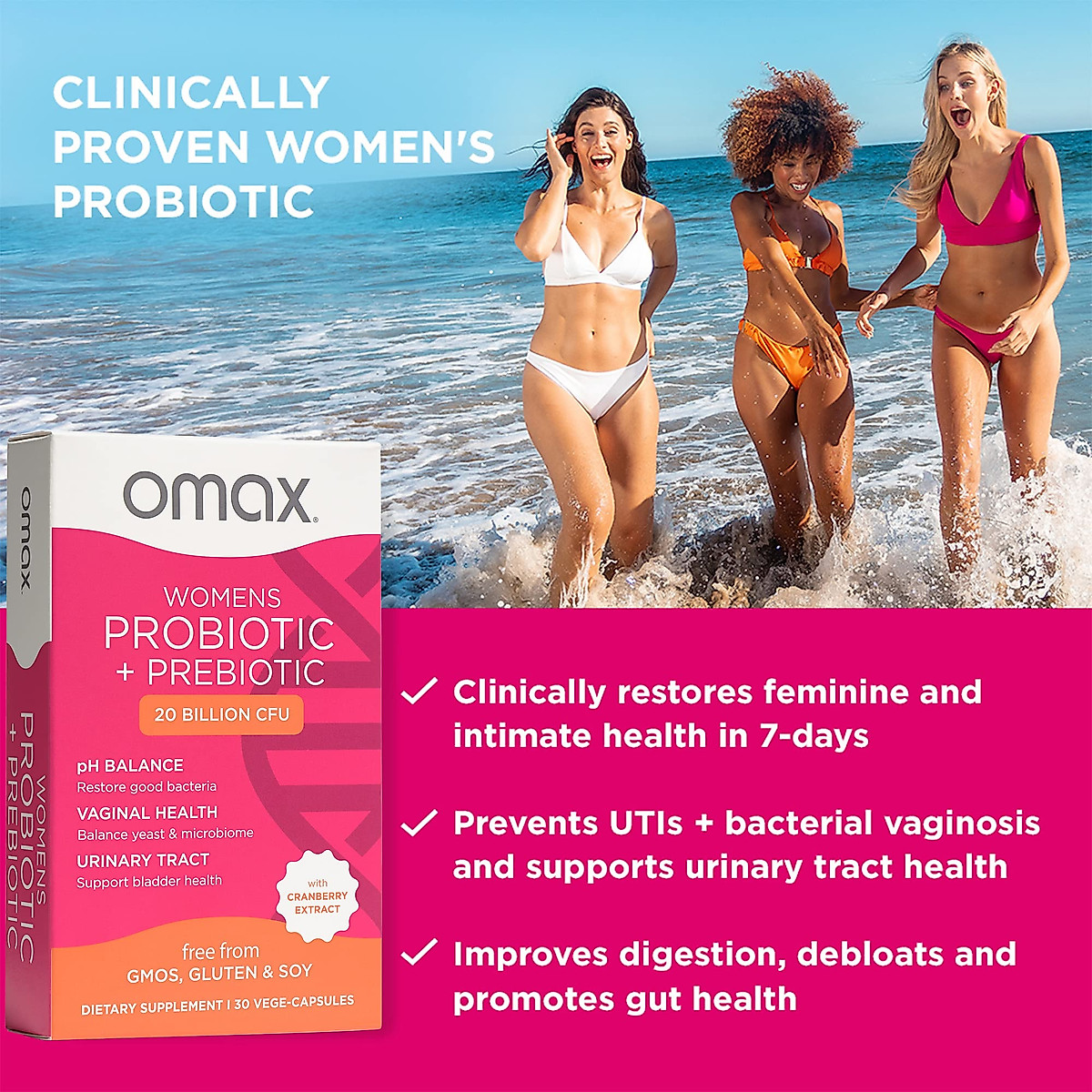 Omax Health Prebiotics and Probiotics Complex for Women, pH Balance, Vag Health, Urinary Tract, Yeast & BV Prevention, Lactobacillus & Bifidobacterium | Vegan, Organic, Gluten Free