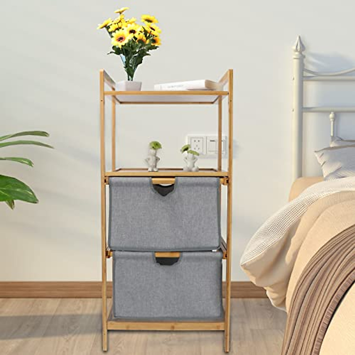 BIGTREE 4 Tiered Fabric Dresser Storage Tower with 2 Linen-Like Design Drawer, Made of Natural Bamboo and Imitation Linen Organizer Unit for Living Rooms, bedrooms, hallways, entrances, Closets, etc