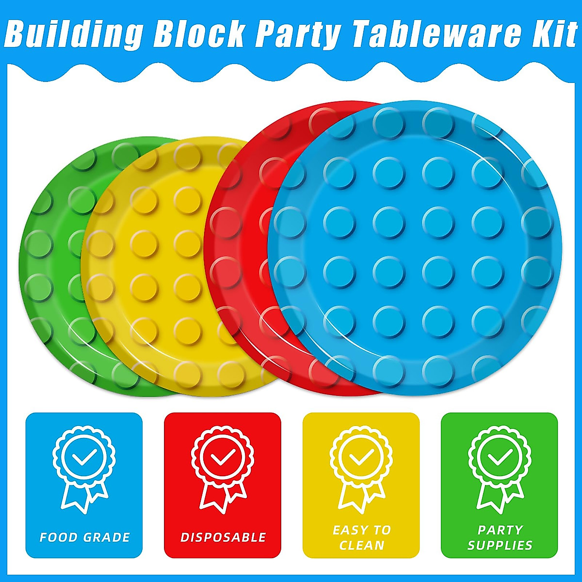 96 Pcs Building Block Party Supplies, Building Bricks Party Plates and Napkins Set Boys Girls Building Block Themed Party Dinnerware for Kids Baby Shower Birthday Party Decorations, Serves 24