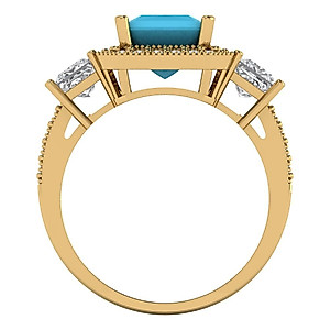Clara Pucci 2.93 ct Cushion Cut Halo 3 stone Genuine Simulated Turquoise Engagement Promise Anniversary Bridal Ring 18K Yellow Gold 5.25