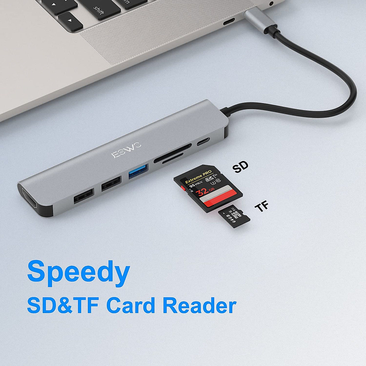 JESWO USB C Hub/Adapter, 7 in 1 with 4K HDMI Output, USB 3.0, 2 USB-A, SD/TF Card Reader, 100W PD, USB C Dongle for MacBook Pro/Air, Dell XPS More Type C Devices