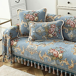 AiWinsure Couch Cover Blanket with Tassels Sofa Covers Loveseat Armchair Sectional Furniture Slipcover for Dogs Cats 3 Cushion Chenille Jacquard Flower One Piece (Blue,4 Seater-190 * 350cm)