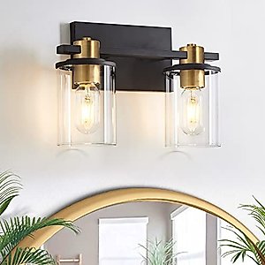 stambord 2 Light Bathroom Vanity Light, Black and Gold Bathroom Light Fixtures, Sconces Wall Lighting with Glass Shade, Modern Farmhouse Vanity Lighting fixtures for Bathroom, Bedroom, Hallway