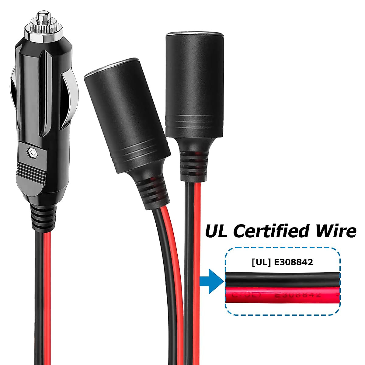 1 to 2 Car Cigarette Lighter Splitter Adapter, 12V 24V Plug Socket 2-Way Splitter Y Adapter, 5.9" Cigarette Lighter Extension Cord with 15A Fuse, Auto Power Charger Port for All Cars