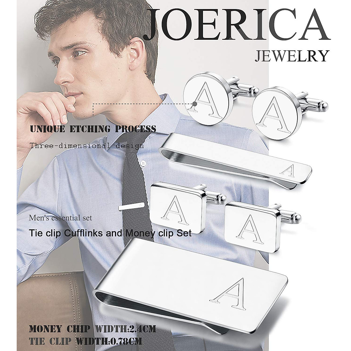 JOERICA 6 PCS Engraved Initial Cufflinks Tie Bar Money Clip Set Shirt Alphabet Letter Wallet Tie Clip and Cufflink Set