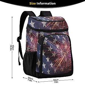 American Flag Firework Memorial Cooler Backpack Leakproof Backpack Cooler Insulated Lunch Cooler Bag 30 Cans Camping Coolers for Picnic Beach Road Trip