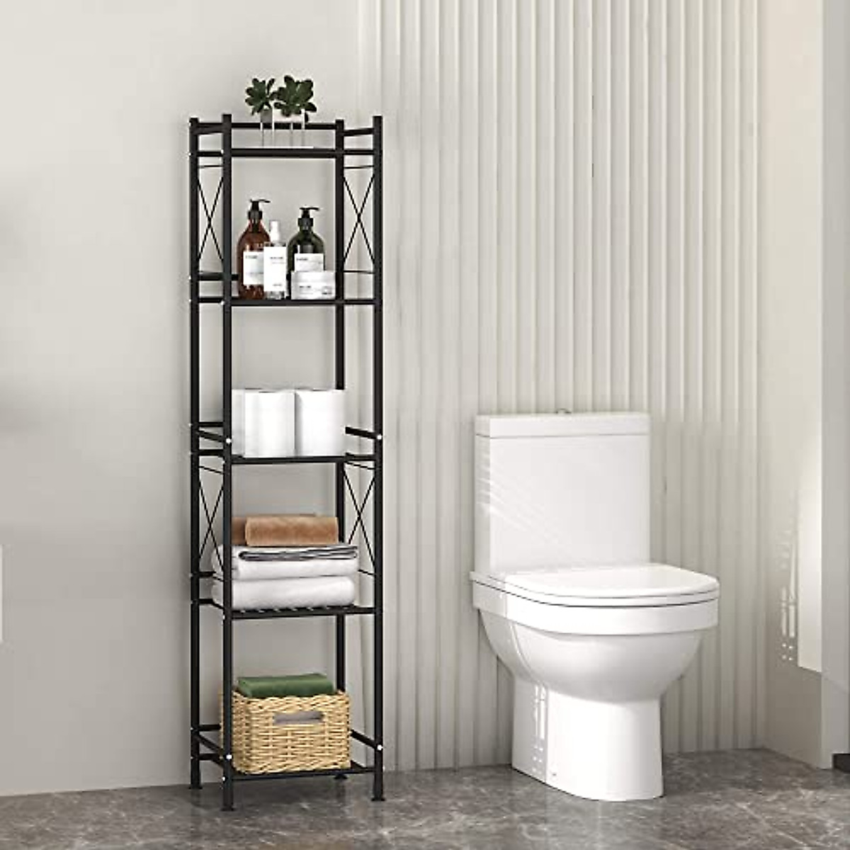 TZAMLI 5 Tier Shelving Unit, Free-Standing Bathroom Storage Shelves, Metal Heavy Duty Storage Rack Shelf for Small Space Kitchen Balcony Office, Matte Black