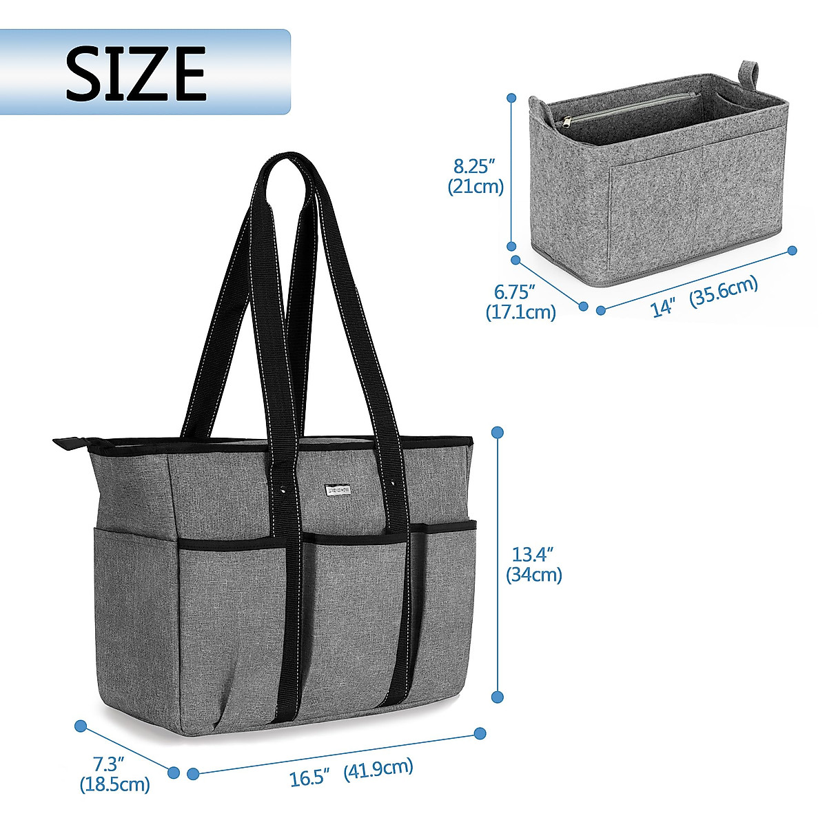 Damero Teacher Tote with Felt Insert Bag, Large Work Bag with 15.6 inch Laptop Compartment, Teacher Utility Tote for Office, Business, Travel, Gray